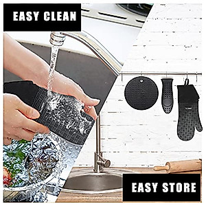 GOBETTO 6-Piece Silicone Oven Mitts and Pot Holders Sets, 15-inch Extra Long Heat Resistant Oven Gloves with Cast Iron Handle Cover Holders and Hot Pads for Kitchen Cooking Baking Grilling (Black)