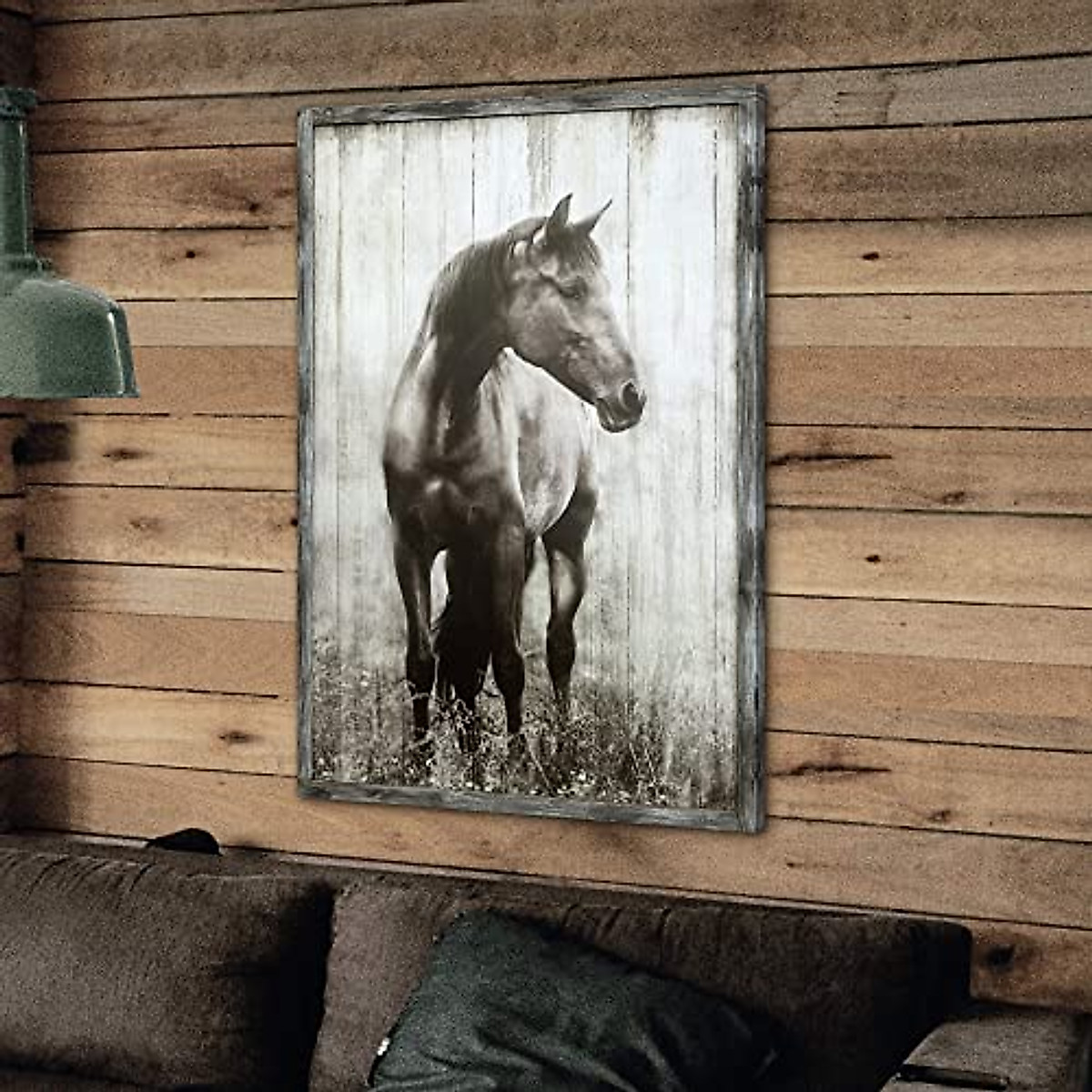 Horse Print Rustic Framed Painting: Gray Wildlife Animal Wooden Wall Art Portrait Picture Decor Artwork for Bedroom Farmhouse 24"x36"