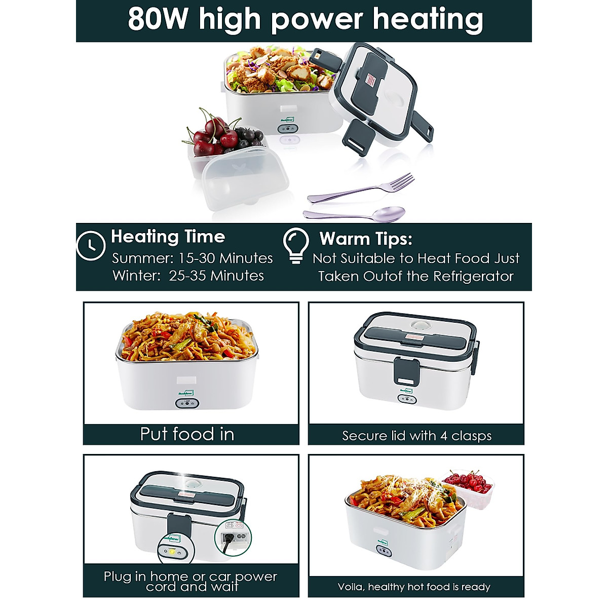 Buddew Electric Lunch Box 70W Food Heater 3 in 1 12V/24V/110-230V Portable Lunch Warmer (1.8L Large-Capacity) Heated Lunch Box for Car/Truck/Home/Office with Carry Bag and Fork and Spoon (Gray)