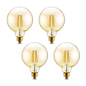 Helloify G25 Amber Glass Globe Decorative Dimmable Vintage LED Edison Bulb, 60W Equivalent, High Brightness Filament Lamp, Warm White 2500K, Antique Style, E26 Screw Base, 4 Count (Pack of 1)