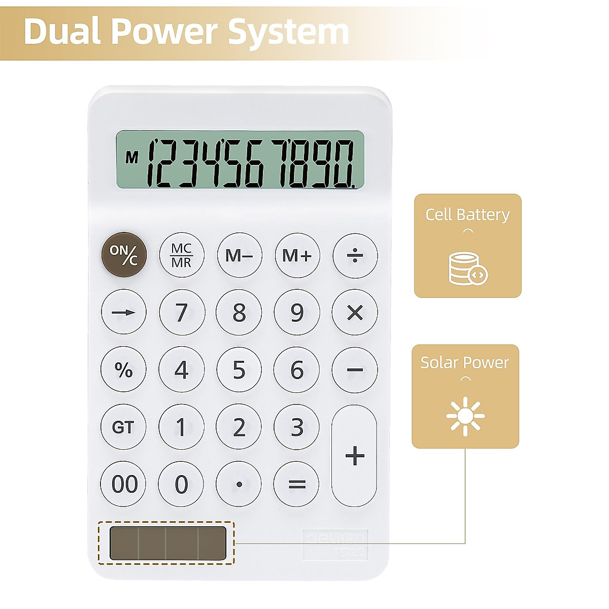Calculator, Deli Standard Function Desk Calculators 10 Digit with Large LCD Display with 15° Elevation, Solar and Battery Dual Power, Standard Function for Office, Home, School, White