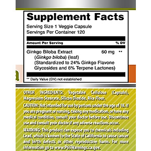 Amazing Formulas Ginkgo Biloba Supplement | 60 Mg | 120 Veggie Capsules | Non-GMO | Gluten Free | Made in USA