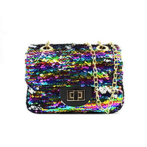 Women Sequin Crossbody Purse Shoulder Bag Rainbow Reversible Pouch with Chains