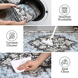 COZYLOOM Area Rug 2x6 Washable Hallway Runner Rug Non-Slip Entryway Laundry Rug Runner Non Shedding Floor Carpet Vintage Rugs for Hallway Bedroom Kitchen Bathroom, Blue/Grey
