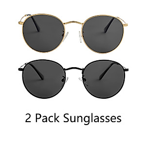 Onrtry Small Round Polarized Sunglasses for Men Women Classic Circle Metal Frame Sun Glasses 2 Pack (Gold/Black + Black/Black)