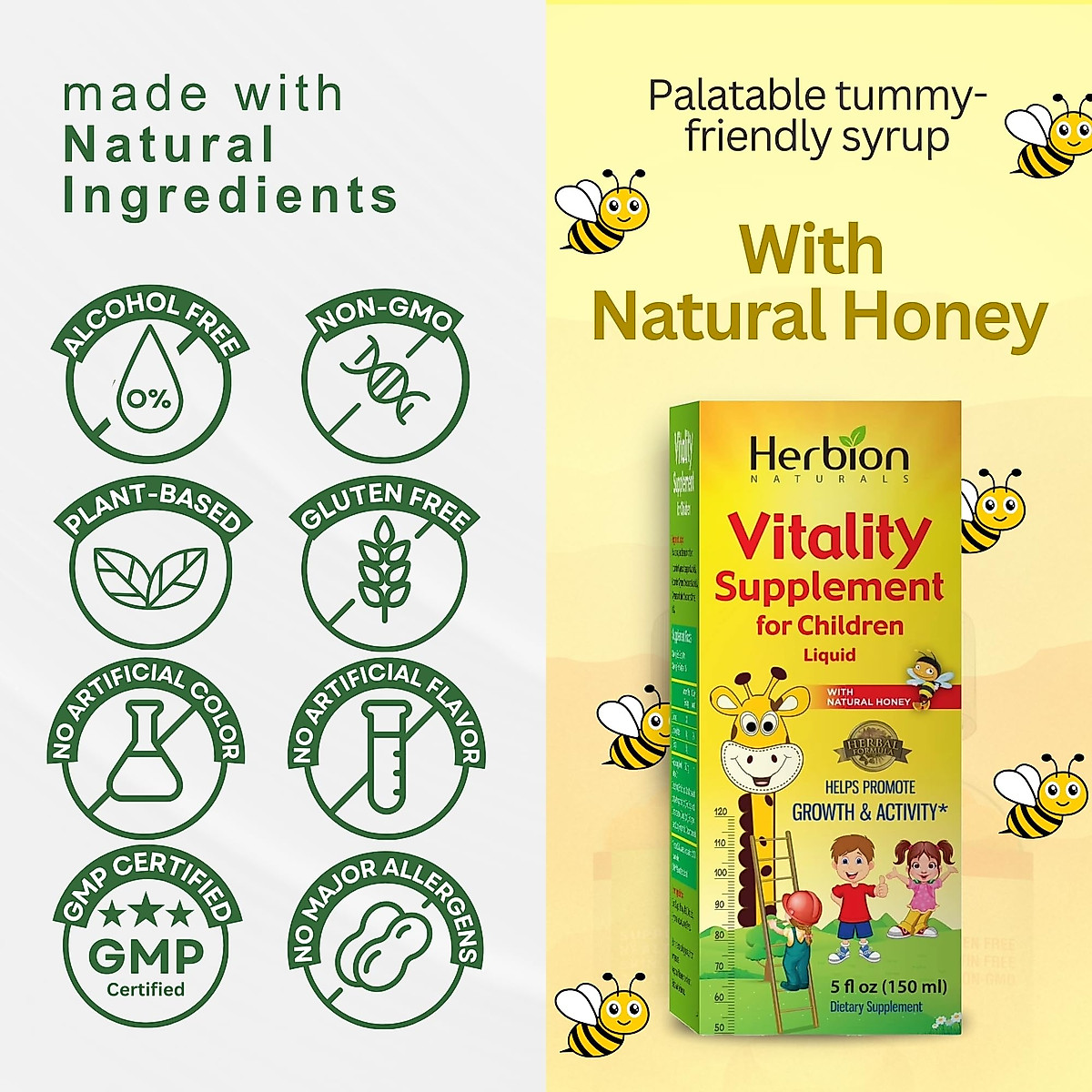 Herbion Naturals Vitality Supplement Syrup for Children, Promotes Growth and Appetite, Relieves Fatigue, Improves Mental and Physical Performance, Boosts Energy, 5 FL Oz - For Kids of 1 Year and Above