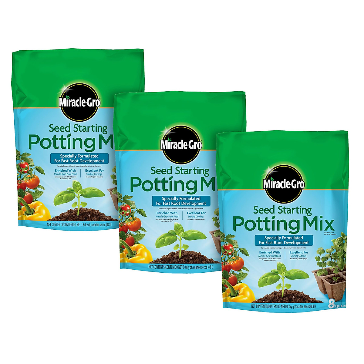 Miracle-Gro Seed Starting Potting Mix, Enriched with Plant Food, For Starting Seeds or Cuttings in Containers, 8 qt., 3-Pack