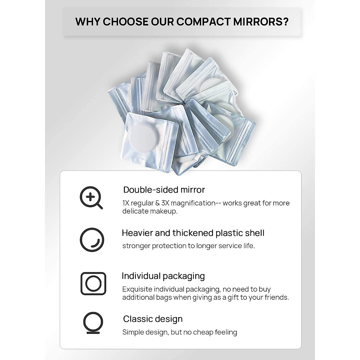 Getinbulk Compact Mirror Bulk, Set of 12 Double-Sided 1X/3X Magnifying PU Leather Round (Black, 2.7inch Diameter)