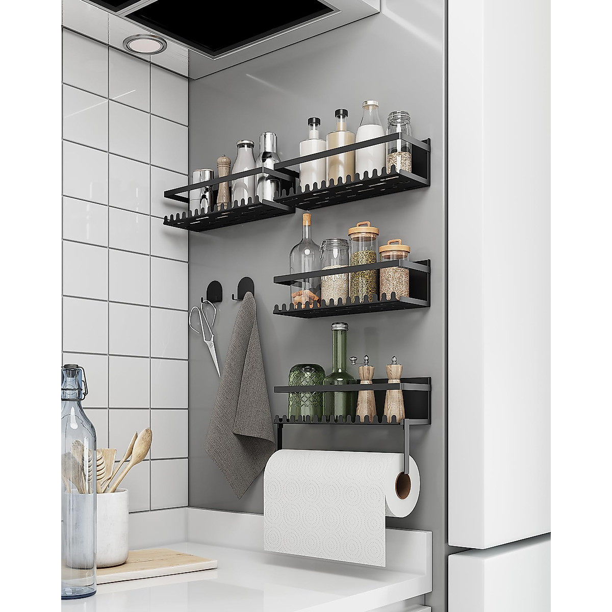OROPY 4 Pack Magnetic Spice Racks with Paper Towel Holder, Metal Kitchen Spice Organizer Shelf for Refrigerator，Strong Magnetic Fridge Shelf with Hooks