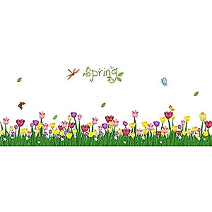 Spring Tulip Wall Decals Flower Grass Wall Stickers Removable DIY Peel and Stick Art Murals for Classroom Bedroom Girls Room Living Room Hallway Kitchen Bathroom Home Decor (Tulip)