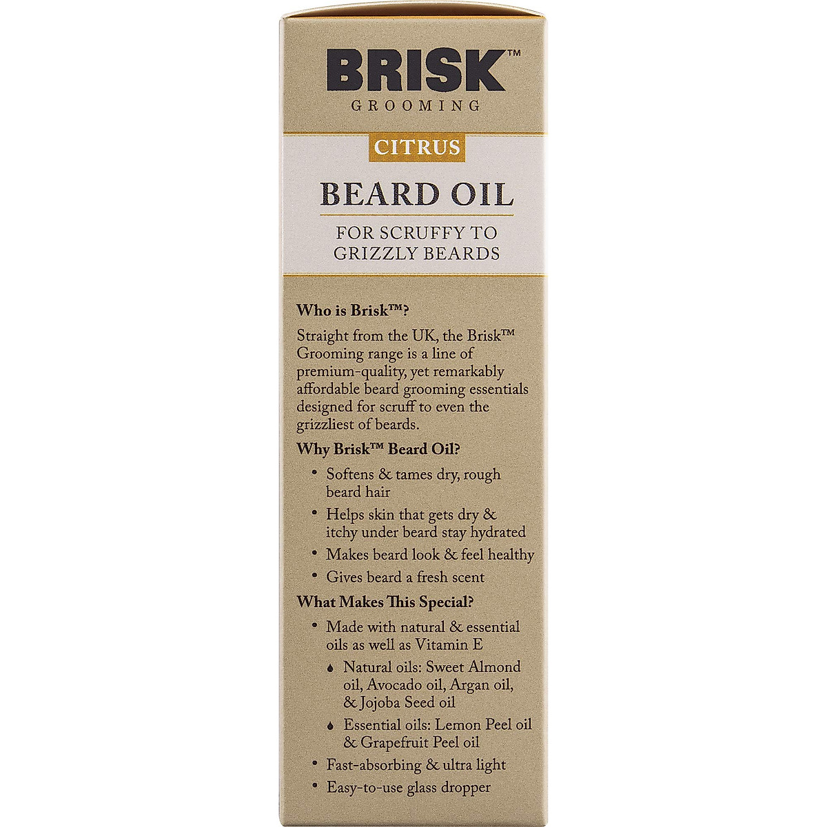 Brisk Beard Grooming Oil Liquid, Citrus for Beard Hair, 1.7 Oz