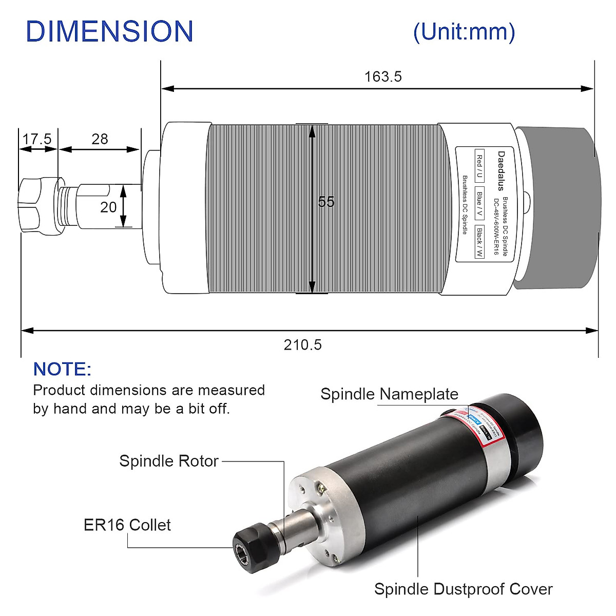 Daedalus CNC Brushless Spindle Motor Kit, 600w, ER16, 48V DC, 9000RPM