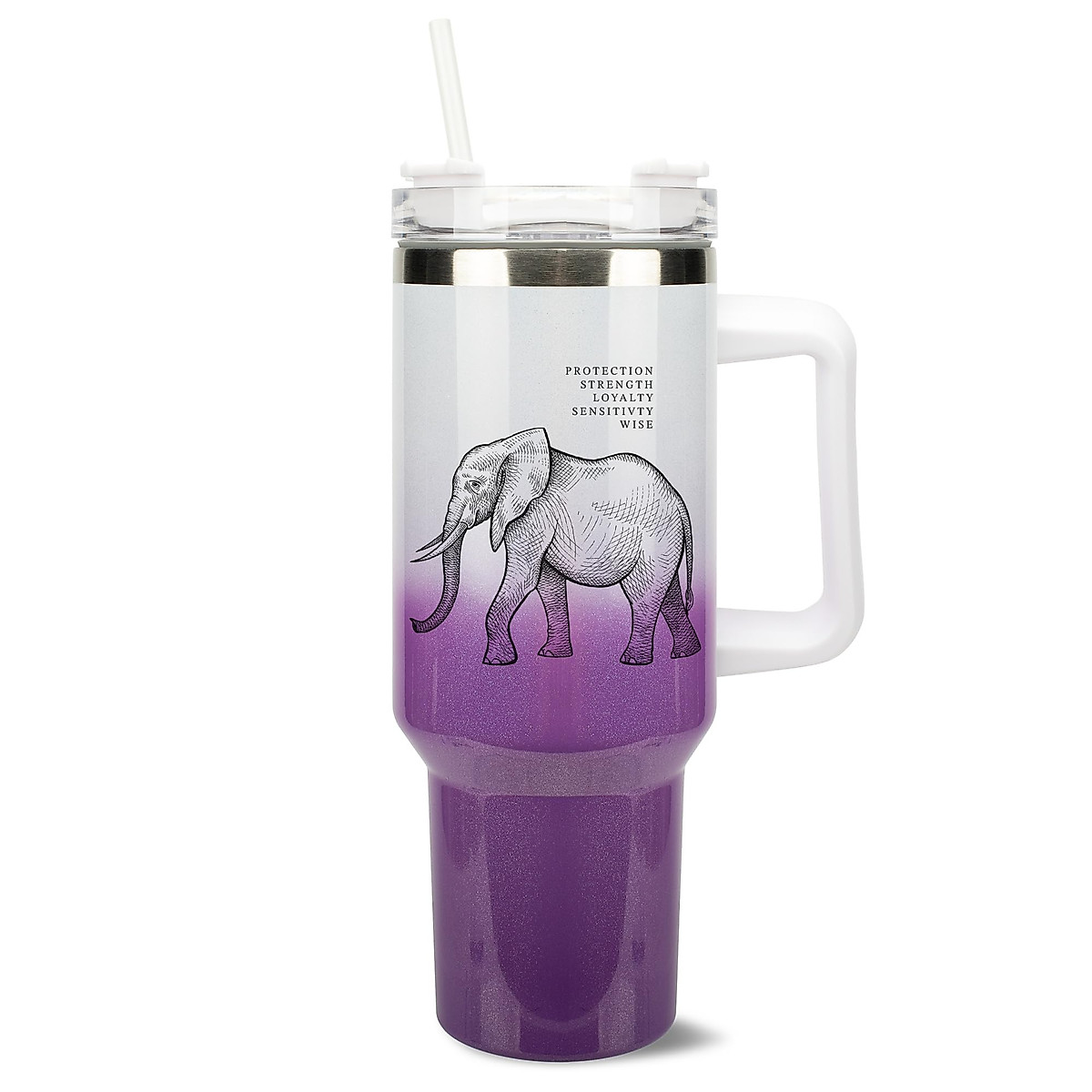 Elanze Designs Elephant Strength Loyalty Animal Traits 40 oz. Stainless Steel, Large Water Bottle Coffee Mug, Spill & Leak Resistant, Thermal Travel Tumbler with Handle, Lid & Straw, White & Purple