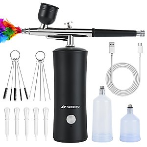 ORTRVYQ Airbrush Kit, Rechargeable Cordless Airbrush Compressor 0.3mm Nozzle 32PSI High Pressure Air Brush Set for Cake Decor, Barber, Tattoo, Nail Art, Makeup, Model Painting Black