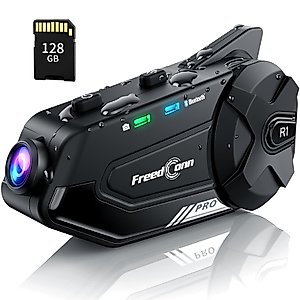 FreedConn R1 PRO Motorcycle Bluetooth Headset with【2K】 Camera [G-Sensor Lock], 2-8 Riders 1500M Helmet Intercom Systems, Motorcycle Helmet Camera - 128GB TF Card, Music Share/Infinite Battery/IP65