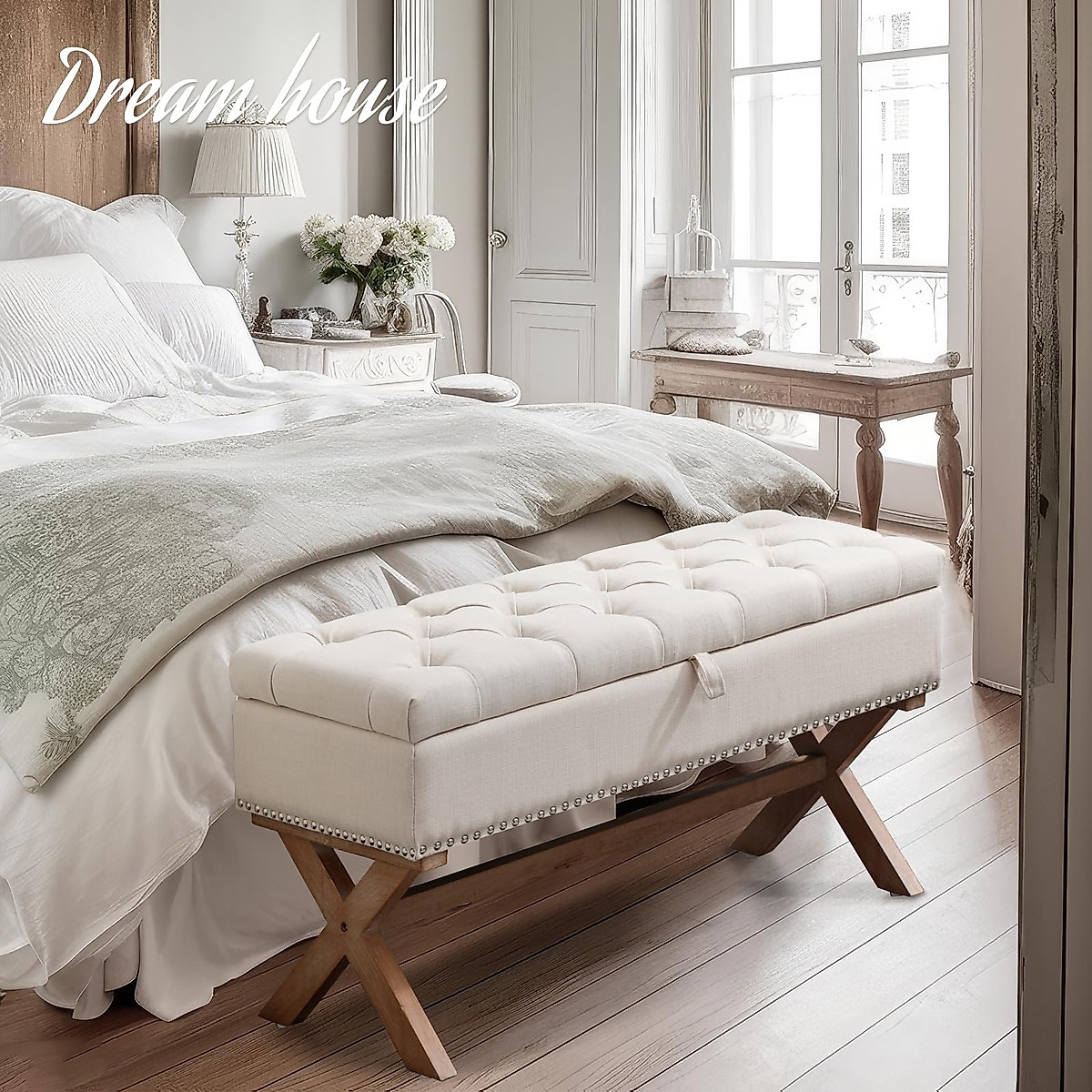 Bonzy Home Tufted Entryway Storage Bench, 36" French Vintage Bedroom Dining Room Benches with X-Shaped Legs, Fabric End of Bed Bench for Bedroom Dining Room Living Room Entryway, Beige