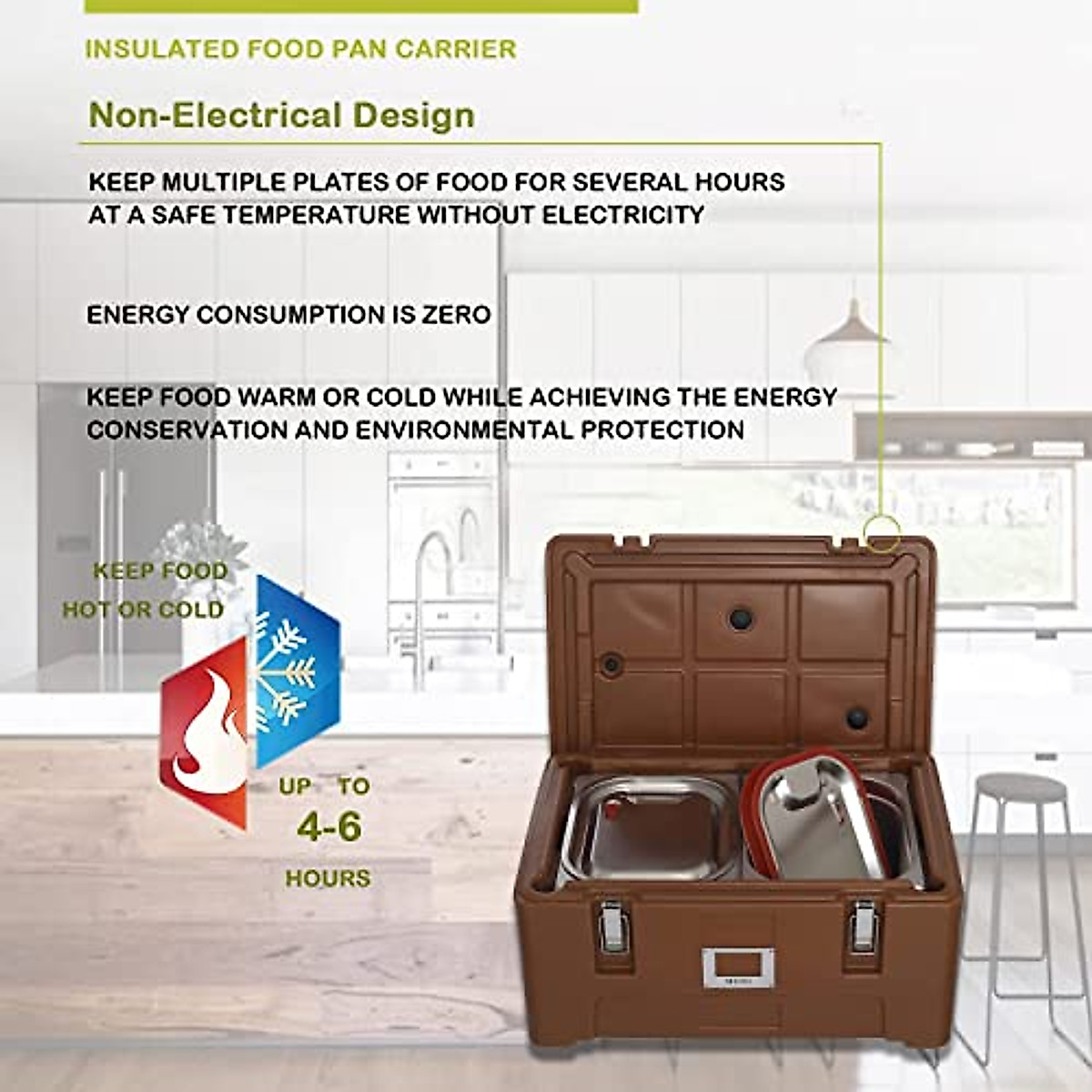 FORCOOK Top-Load Insulated Food Pan Carrier Food Warmer Box Hot Boxes for Catering Keep Food Hot Or Cold with Three Third-Size 18/8 Stainless Steel Leak-Proof Hotel Pans