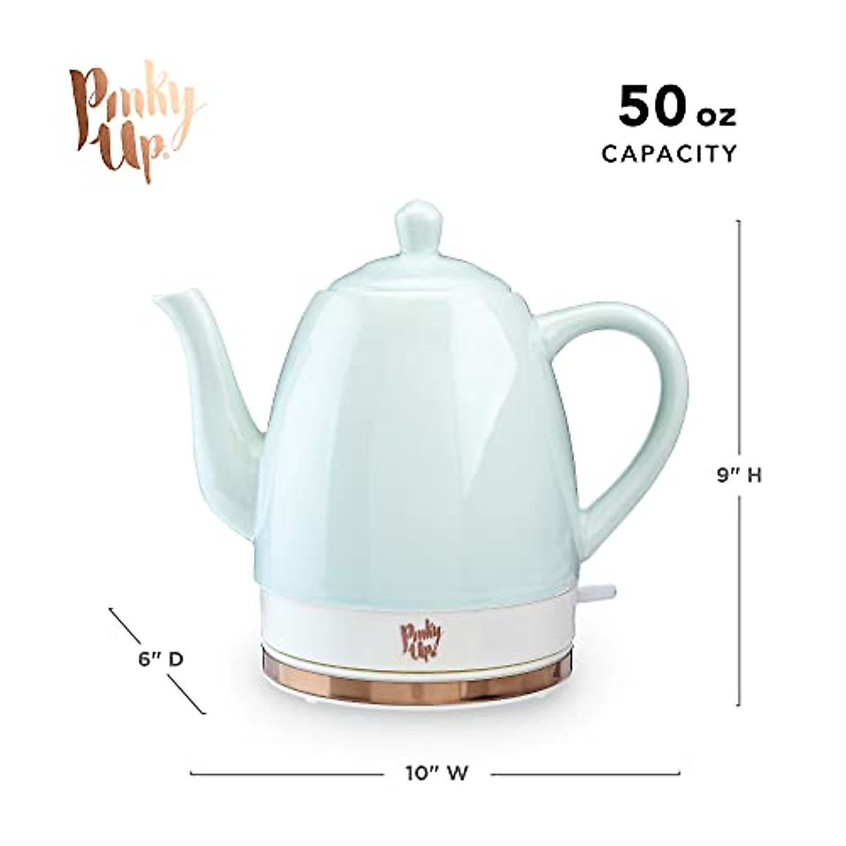 Pinky Up Noelle 1.5 L Ceramic Electric Tea Kettle, Mint, Rose Gold, Gooseneck Spout, Cordless Design