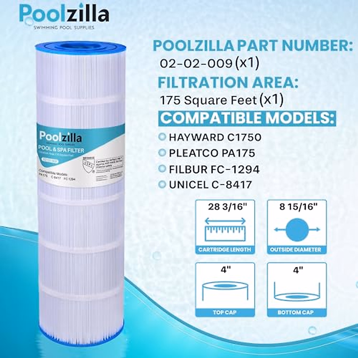 Poolzilla 1 Pack Pool Filter Replacement Cartridge for PLF175A, Filbur FC-1294, Hayward C1750, CX1750RE, PA175, Unicel C-8417, Waterway PCCF-175, 25230-0175S, 817-0175P, Sta Rite PXC 175