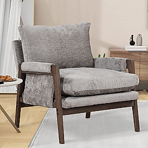 FIQHOME Mid Century Modern, Velvet Upholstered Accent Rubber Wood Frame,Comfy Reading Chair for Bedroom,Single Armchair for Living Room Office Apartment,Grey