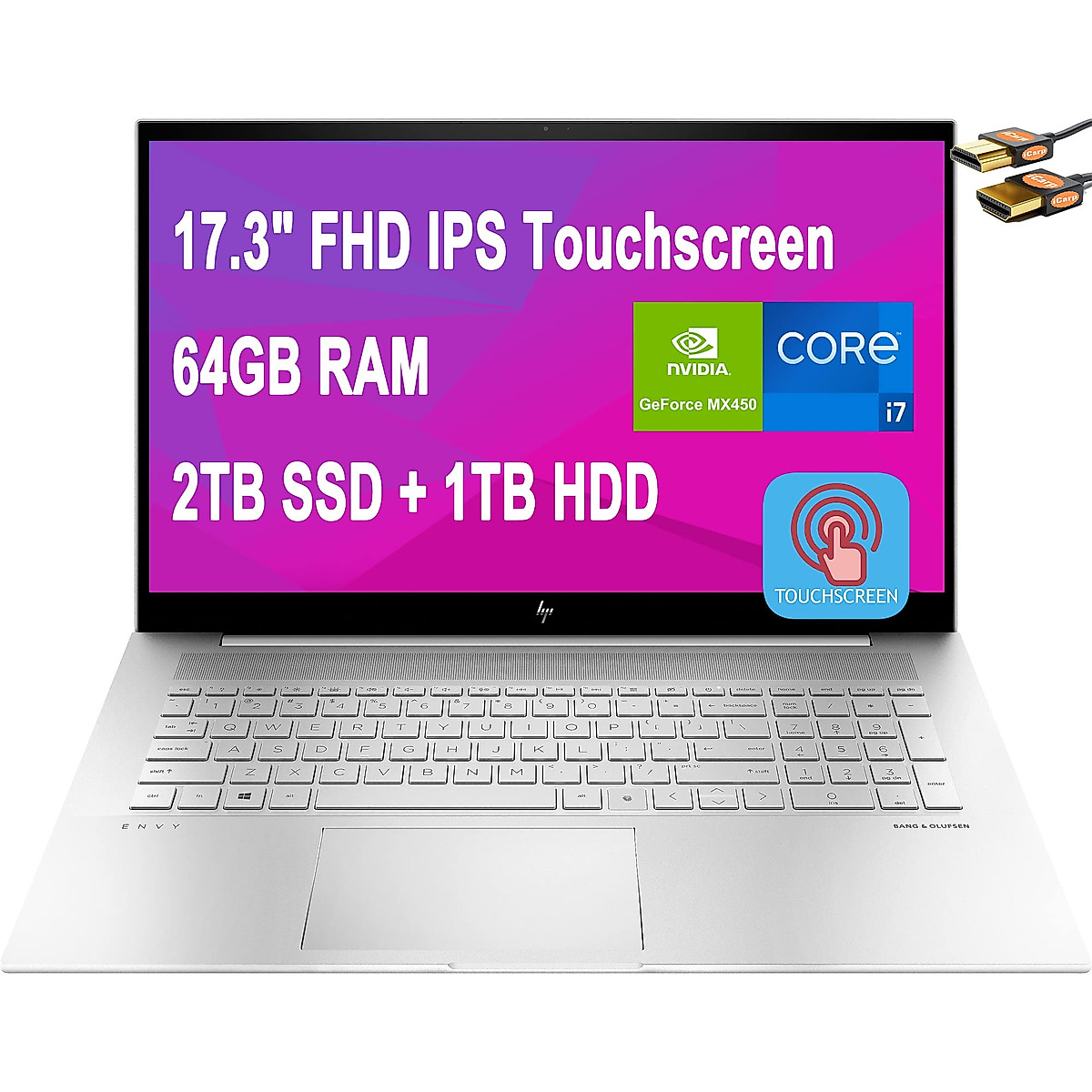 HP Envy 17 Laptop 17.3" FHD IPS Touchscreen (100% sRGB) 11th Gen Intel Quad-Core i7-1165G7 64GB RAM 2TB SSD + 1TB HDD GeForce MX450 2GB Backlit KB Fingerprint USB-C B&O Win11 Silver + HDMI Cable