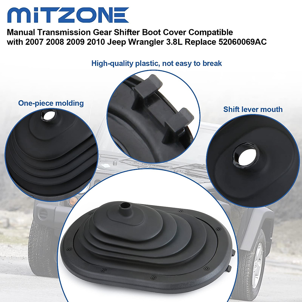 MITZONE Manual Transmission Gear Shifter Boot Cover Compatible with Jeep Wrangler JK 3.8L 2007 2008 2009 2010 Replace 52060069AC