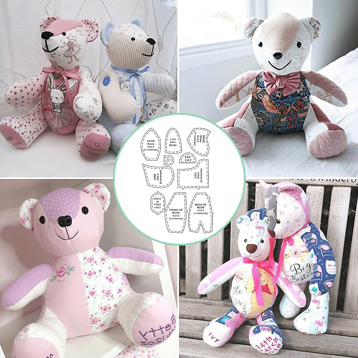 Memory Bear Template Ruler Set with Instructions, Memory Bear Sewing Patterns Template, Acrylic Quilting Template Cutting Set for Sewing Bear Pattern Template Home Sewing Art Craft (10 PCS (12 inch))