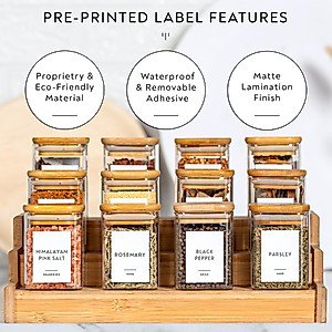 Laramaid 7oz 12Packs Glass Jars Set with 208 Minimalist Spice Labels, Square Spice Jars with Bamboo Lids and White Vinyl Customized Sticker Labels, Food Storage Container Canisters