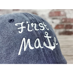 Captain & First Mate Anchor Hats for Couples, Navy Blue Embroidered Matching Boating Baseball Caps, Sailing Gift