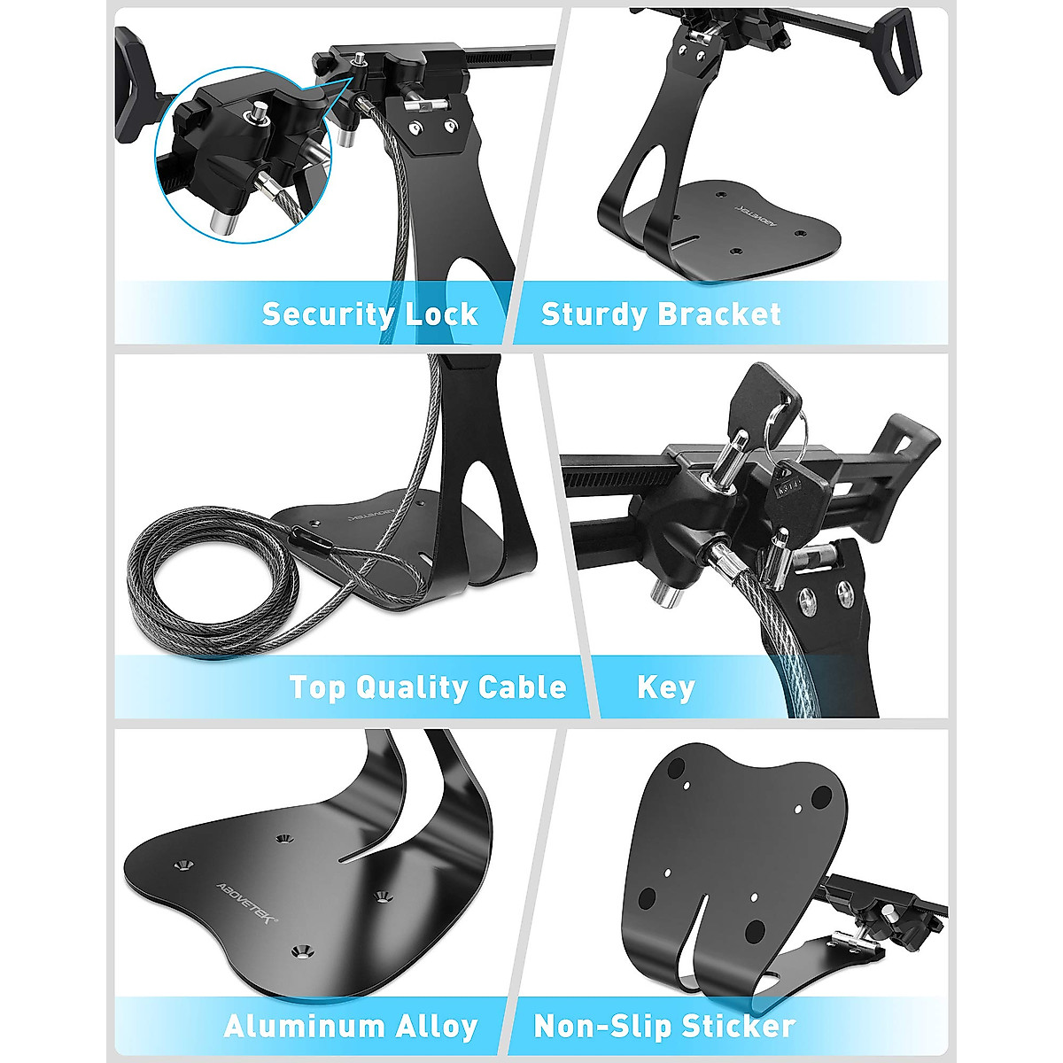 AboveTEK Anti-Theft iPad Stand, Universal Security POS Tablet Stand, Diagonally-Oriented iPad Locking Mount for 7-13 inch iPad, Galaxy with Security Cord and Key, 360° Swivel for Business and Retail