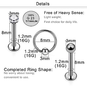 Dyknasz G23 Implant Grade Solid Titanium 16G Lip Rings Clear Diamond CZ Labret Studs Medusa Piercing Jewelry Horseshoe Ring Daith Earring Hoop Body Jewelry Piercing for Women Men 8mm