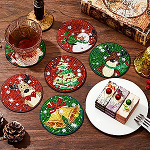 Kajaia 6 Pcs Christmas Diamond Painting Coasters, Christmas Round Diamond Painting Coasters with Holder Xmas Christmas Diamond Art Kits for Beginner Adults Kids Christmas Table Decor Supplies