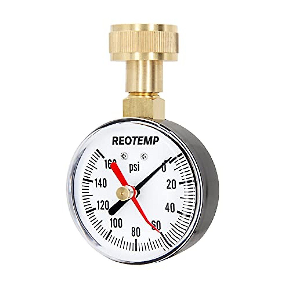 Reotemp PD25H 2.5" Home Water Pressure Test Gauge with Max Pointer, 0-160 PSI, 3/4" Female Garden Hose Thread, Hose Bib Gauge