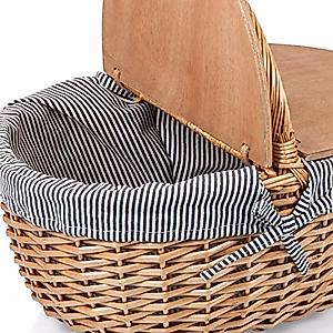 PICNIC TIME - Disney Cinderella Country Vintage Picnic Basket with Lid - Wicker Picnic Basket for 2, (Navy Blue & White Stripe)