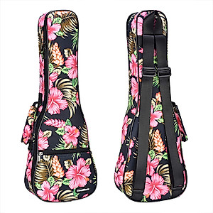 CLOUDMUSIC Ukulele Case Gig Bag Padded Backpack For Concert 23" Inch(Concert, Hawaii Hibiscus And Palm In Black)