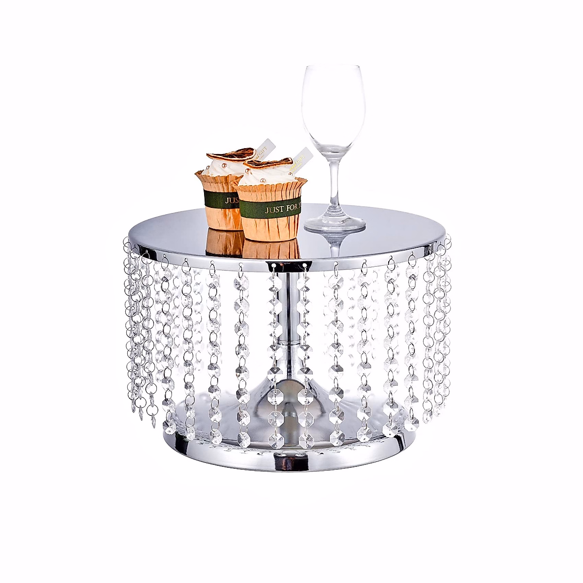 8 Inch Tall Metal Cake Stand - 12" Dia Round Base Cake Display Stand with Hanging Acrylic Crystals for Dessert Table, Wedding, Party, Event, Home Décor