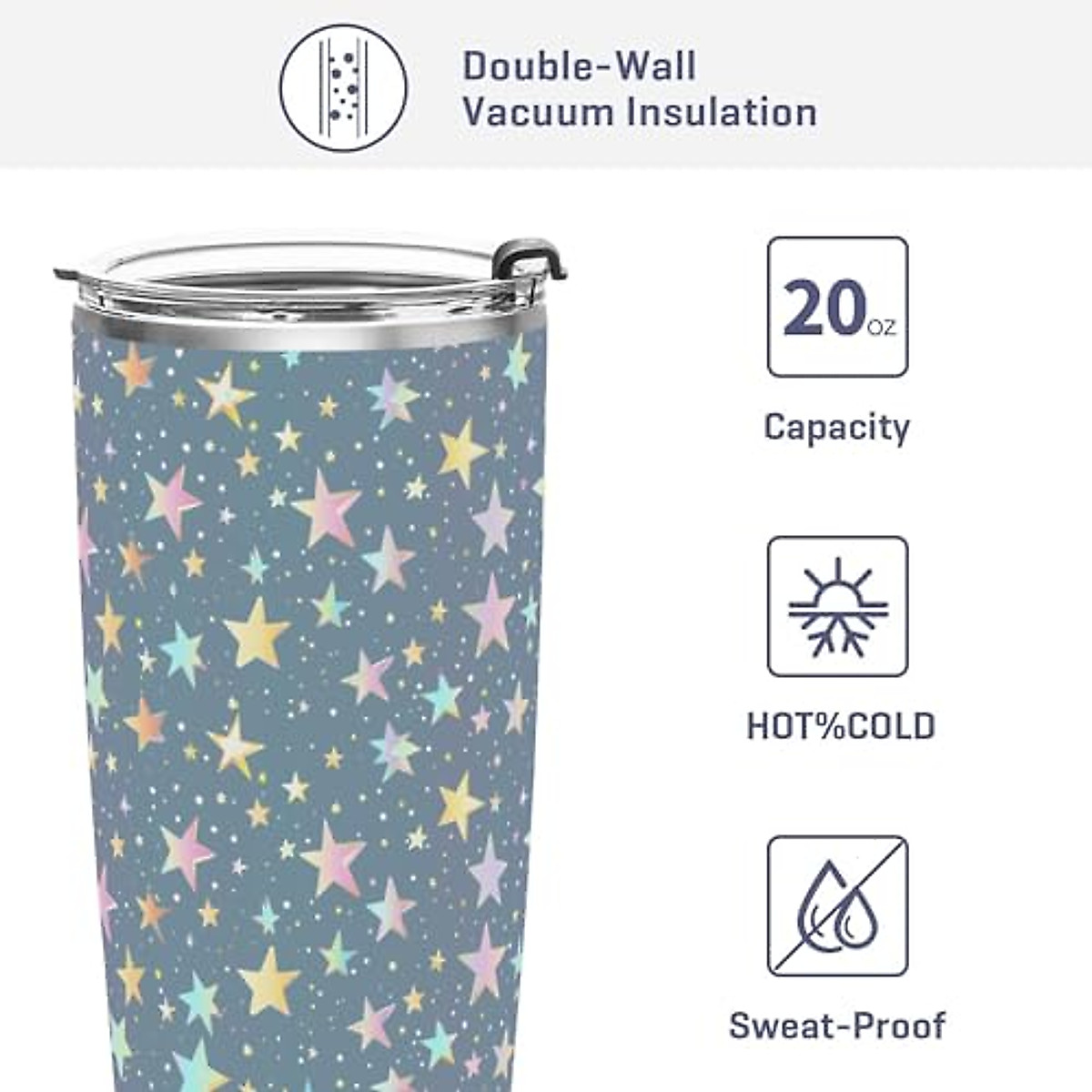 sanluoli Rainbow Color Star Pattern Stainless Steel cup for men Leak-proof Lid and Straw coffee mug fits in car for gym Aesthetic tumblers with lids and straws 20 OZ