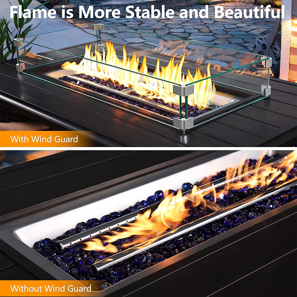 NOBLEMOOD 48 INCH Propane Fire Pit Outdoor Fire Table w/Faux Ledgestone Base, 50,000 BTU Gas Fire Pit Table w/Fire Pit Wind Guard, Aluminum Table Top & Waterproof Cover, CSA Certification