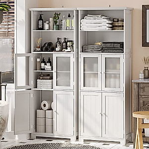 Tiptiper Bathroom Storage Cabinet, Tall Bathroom Cabinet with Adjustable Shelves and Glass Doors, for Bathroom, Kitchen, 11.2" D x 23.6" W x 64" H, White