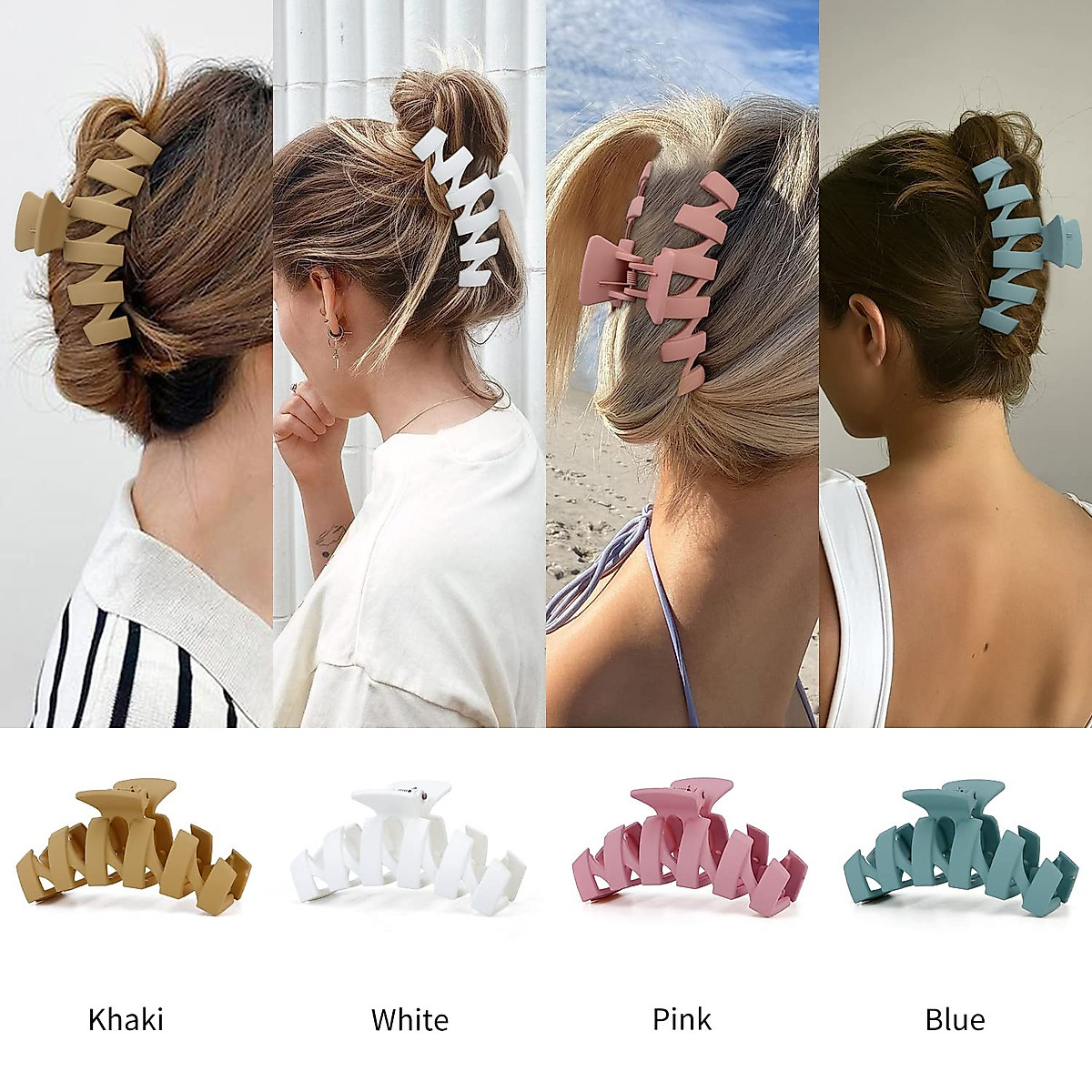 SuPoo Big Hair Claw Clips 4.7" Large Hair Clips for Thick Hair Matte Banana Hair Claw Jumbo Jaw Clips Cute Hair Clips for Women Y2k Hair Accessories for Thin Curly Hair White Pink Blue Khaki