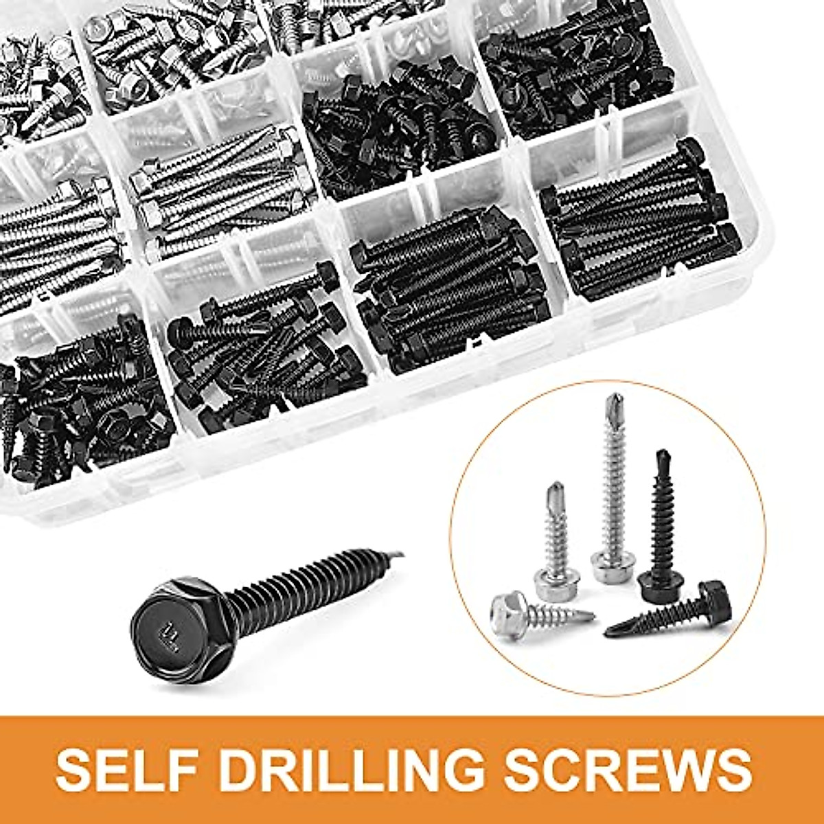 VIGRUE 410 Stainless Steel 360 Pieces Self Tapping TEK Screw Assortment, #8 Hex Washer Head Self Drilling Screws Full Thread Sheet Screw Kit for Metal