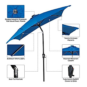 Sun-Ray 811030RB 9'x7' Rectangular 8-Rib Next Gen Solar Lighted Patio Umbrella, 30 LED Lights with Unique Strip Lighting, Crank and Tilt, Aluminum Frame, Royal Blue