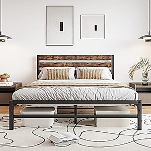 SYING88 Queen Size Platform Bed Frame with Rustic Vintage Wood Headboard, Strong Metal Slats Support Mattress Foundation, No Box Spring Needed (Brown)