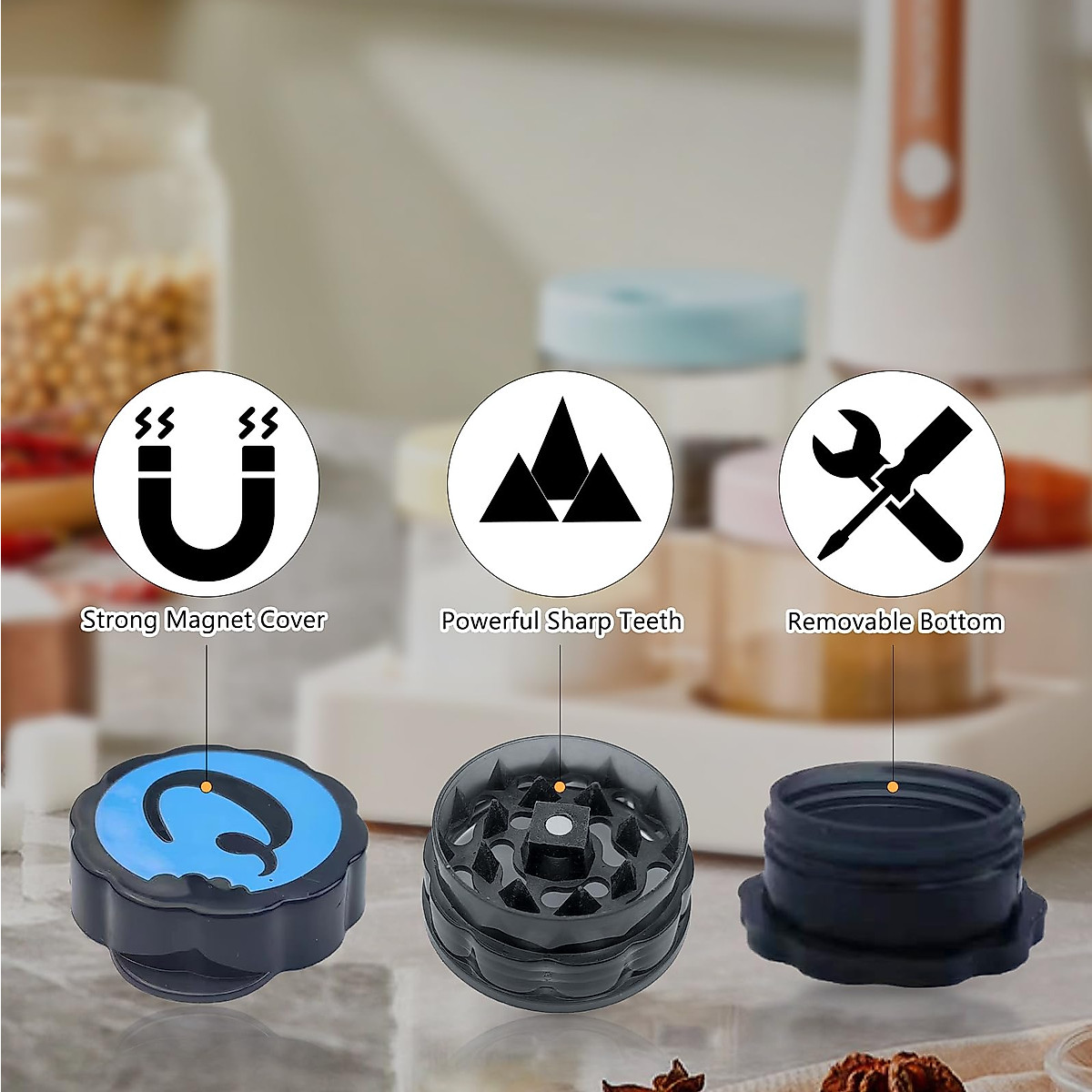 Grinder Herb Spice Grinder Hand-cranked Plastic Grinder with Handle 62mm Grinder Storage Tank 2 in 1（Black Blue）