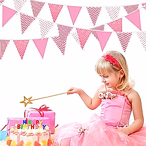 32Ft Hot Pink Striped Dot Pennant Banner Fabric Triangle Flag Bunting Garland Streamers for Wedding Birthday Baby Bridal Shower Party Home Nursery Outdoor Garden Hanging Festivals Decorations