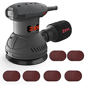 ZKH Random Orbital Sander, 6 Speeds 2.5A sander tool, 7000-14000 RPM, 5-inch Electric Sander Kit with 30pcs Sandpapers, Dust Collector, Ideal Power Palm Sander for Woodworking