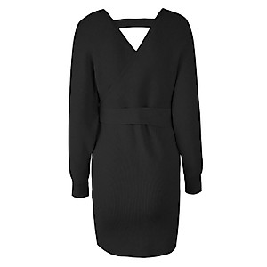 Mansy Women's Sexy Cocktail Batwing Long Sleeve Backless Mock Wrap Knit Sweater Mini Dress (L, Black)