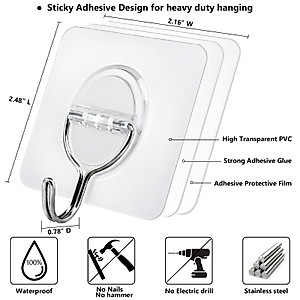 Willtok 12PCS Premium Adhesive Hooks, Stainless Steel No-Tools Adhesive Hooks for Hanging Heavy Duty, Sticky Adhesive Hook with Strong Holding for Decoration/Organization