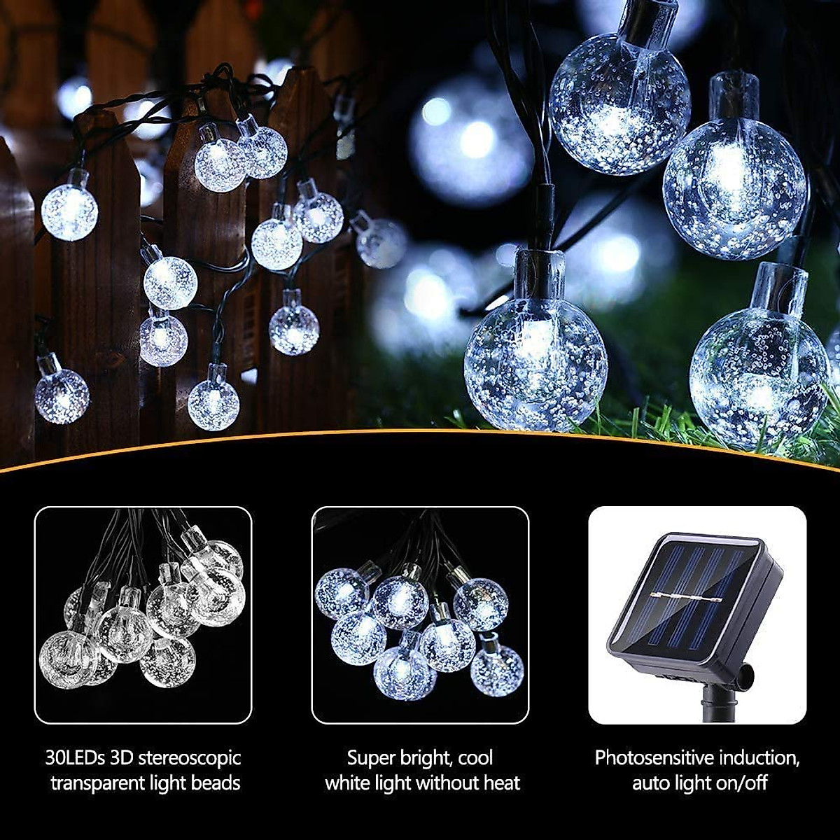LYHOPE Solar Outdoor String Lights, 35.6ft 60 LED Crystal Ball Waterproof Solar Powered Globe Lights for Garden Patio Yard Holiday Party Decoration (Cool White)