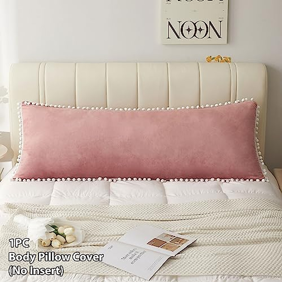 LIFEREVO Pom-poms Velvet Bed Body Pillow Cover, Long Fuzzy Body Pillow Pillowcase Cover 20x54, Boho Tassel Microfiber Full Bed Pillowcase for Kids Girls Teen Women Adults, Zipper Closure, Old Pink
